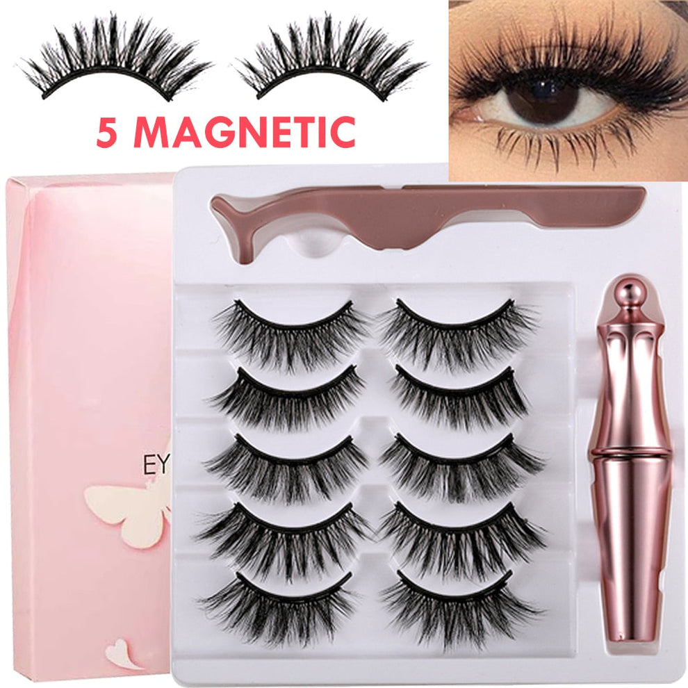 5 Pairs Magnetic Eyelashes Set With Tweezer 3D Mink Eyelashes Magnetic ...